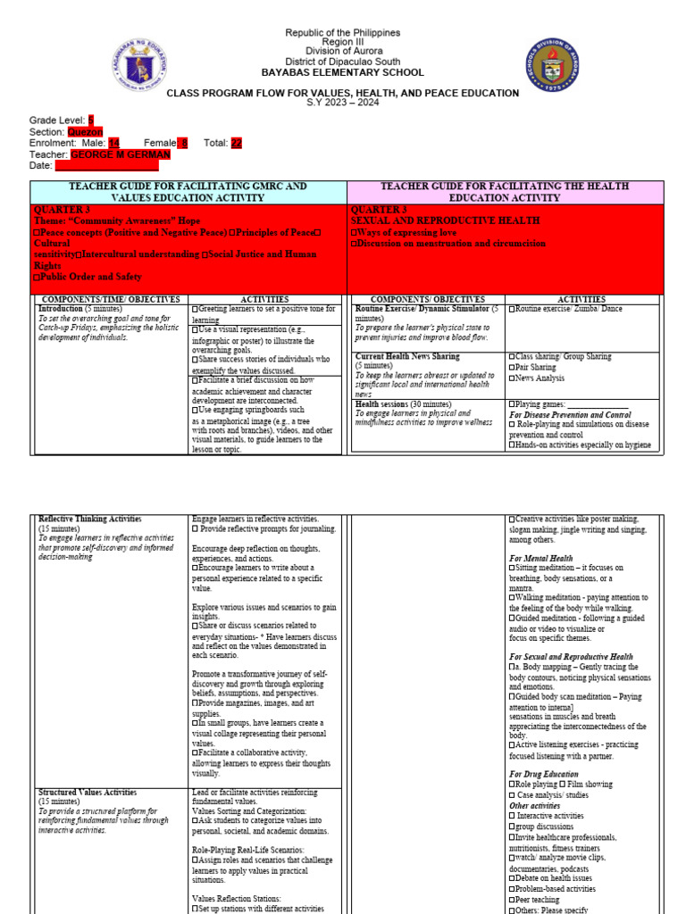 Grade 5 Values and Health Education Plan | PDF | Learning | Meditation