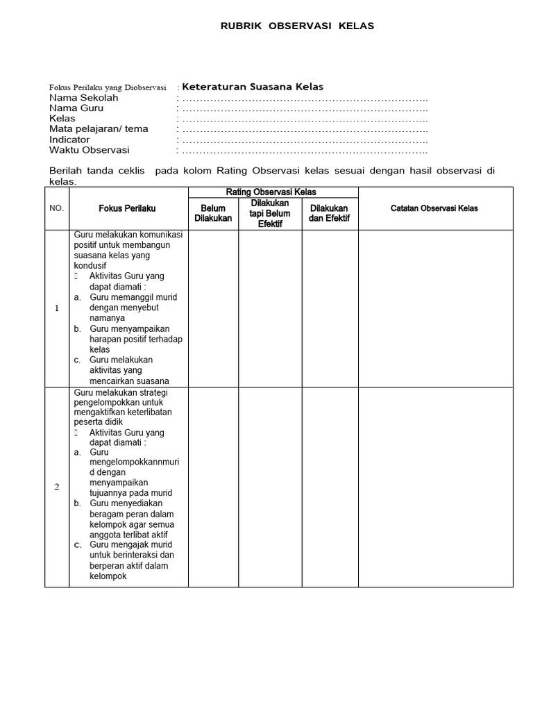 Instrumen Observasi Kelas Maret | PDF