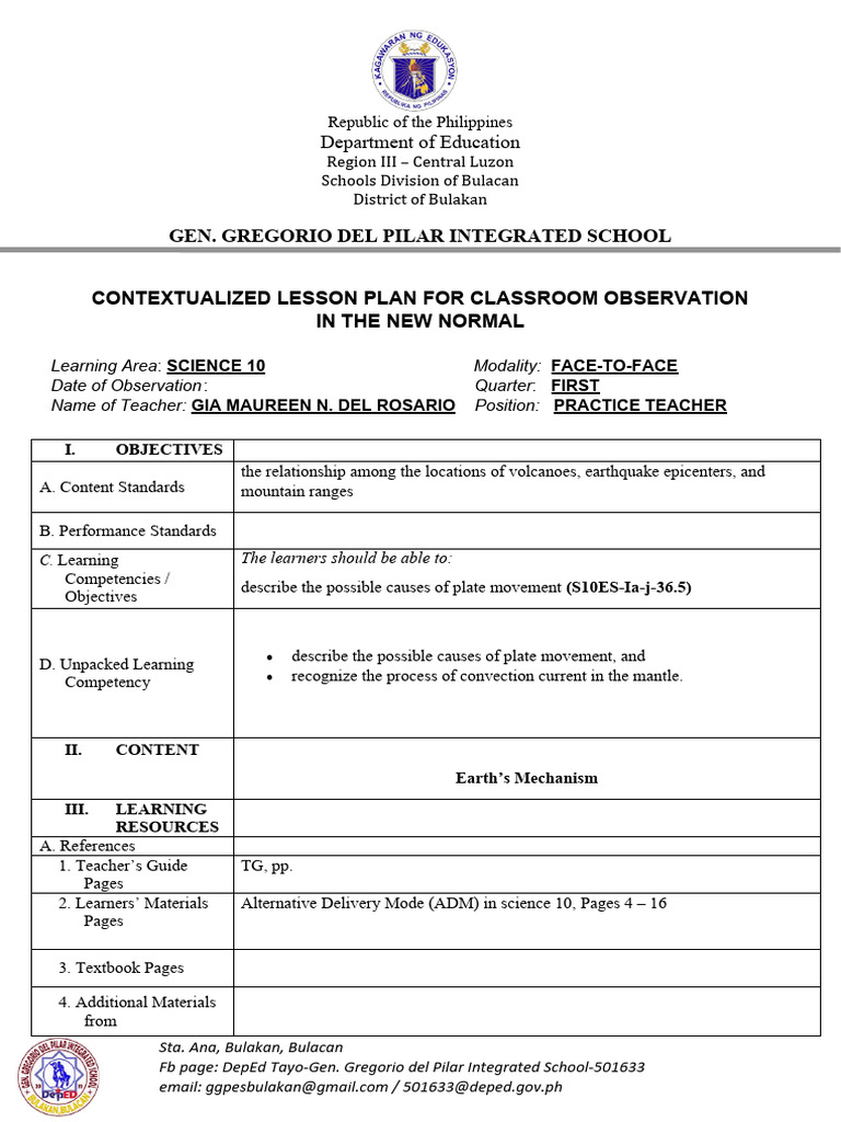 Earth Mechanism Lesson Plan for Grade 10 | PDF | Plate Tectonics ...