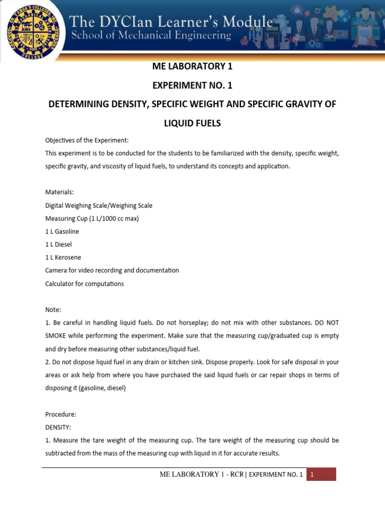 Me Lab 1 Experiment No. 1 | PDF | Density | Mass