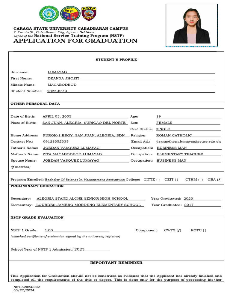 NSTP Application For Graduation Form - Lumayag BSMA1 | PDF