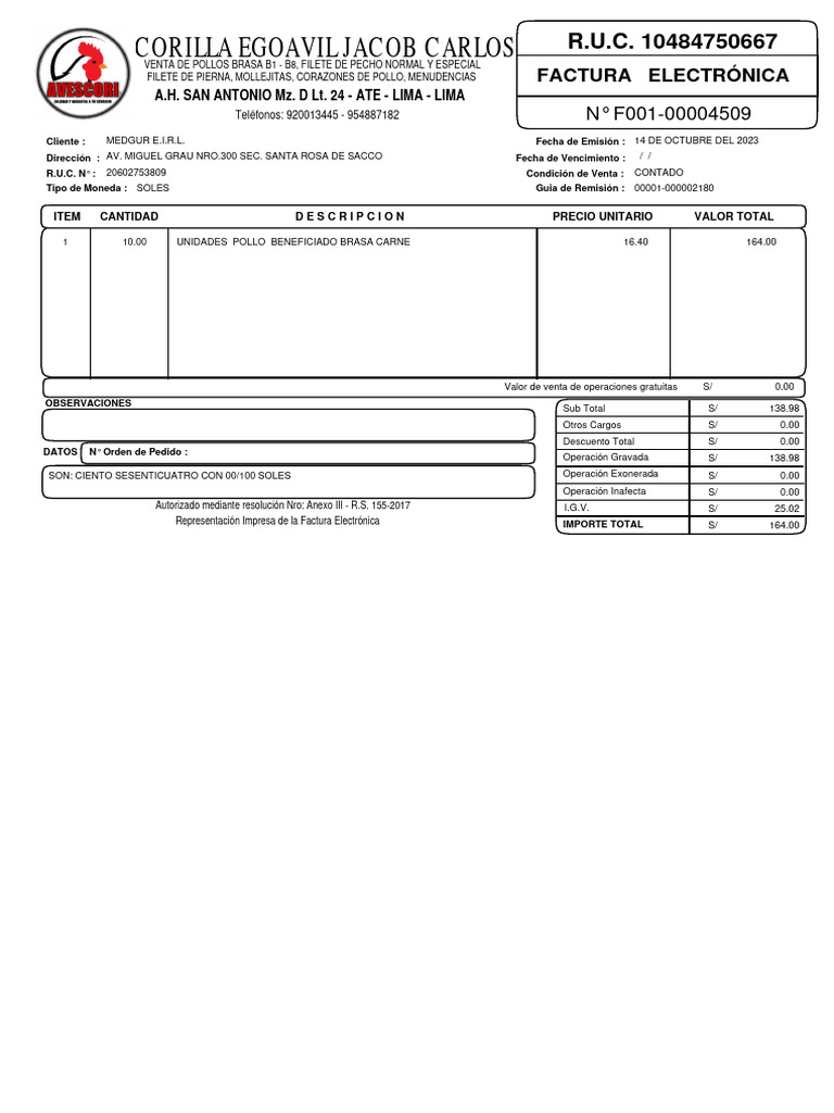 Corilla Egoavil Jacob Carlos: Factura Electrónica | PDF