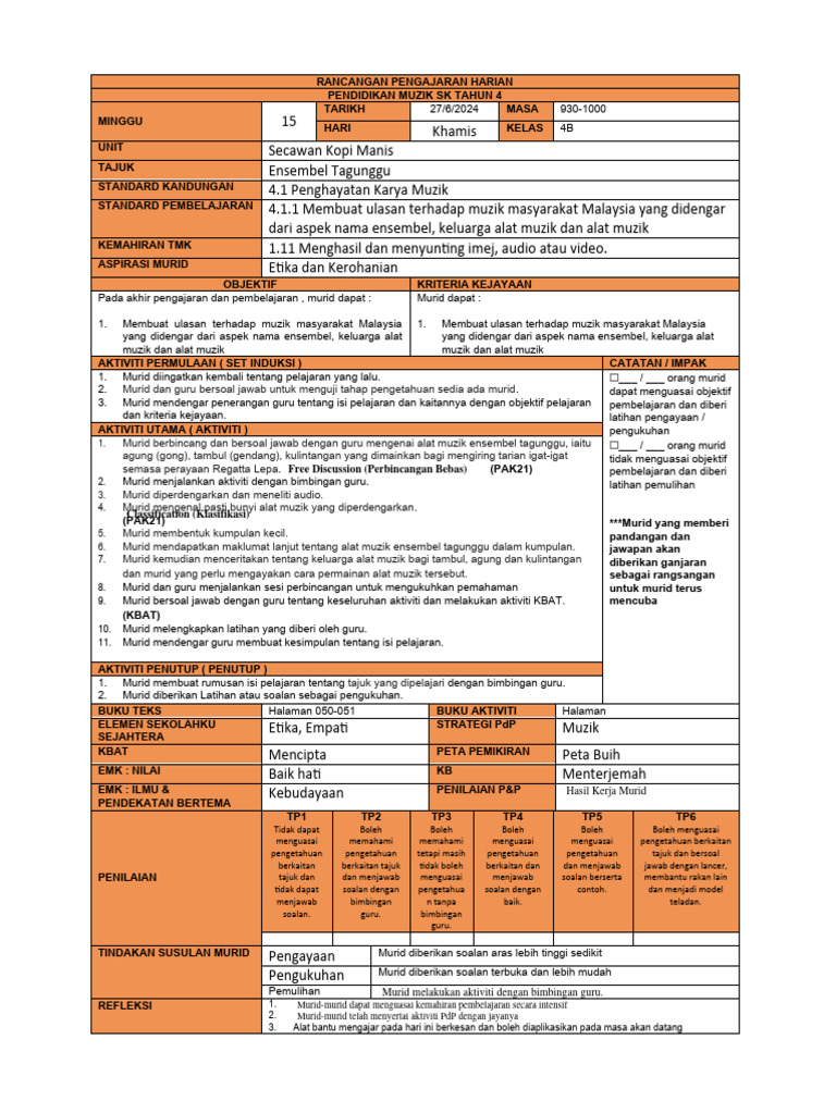 M15 RPH Pendidikan Muzik THN 4 2024 | PDF