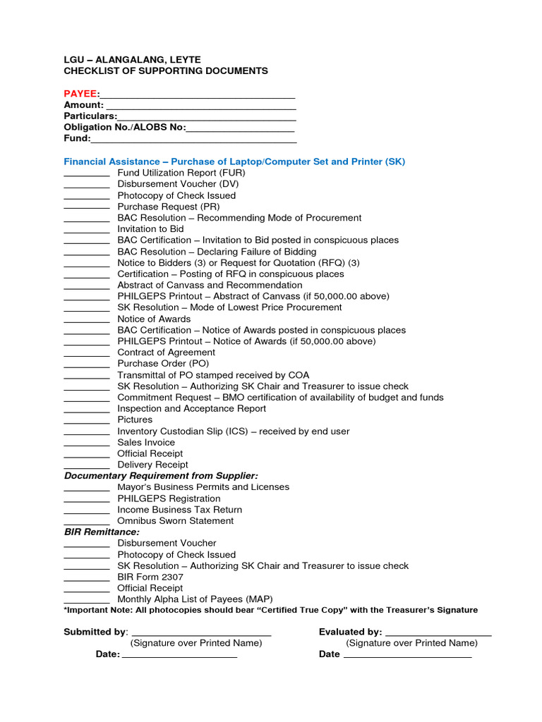 SK Fund Utilization Document Checklist | PDF | Receipt | Procurement