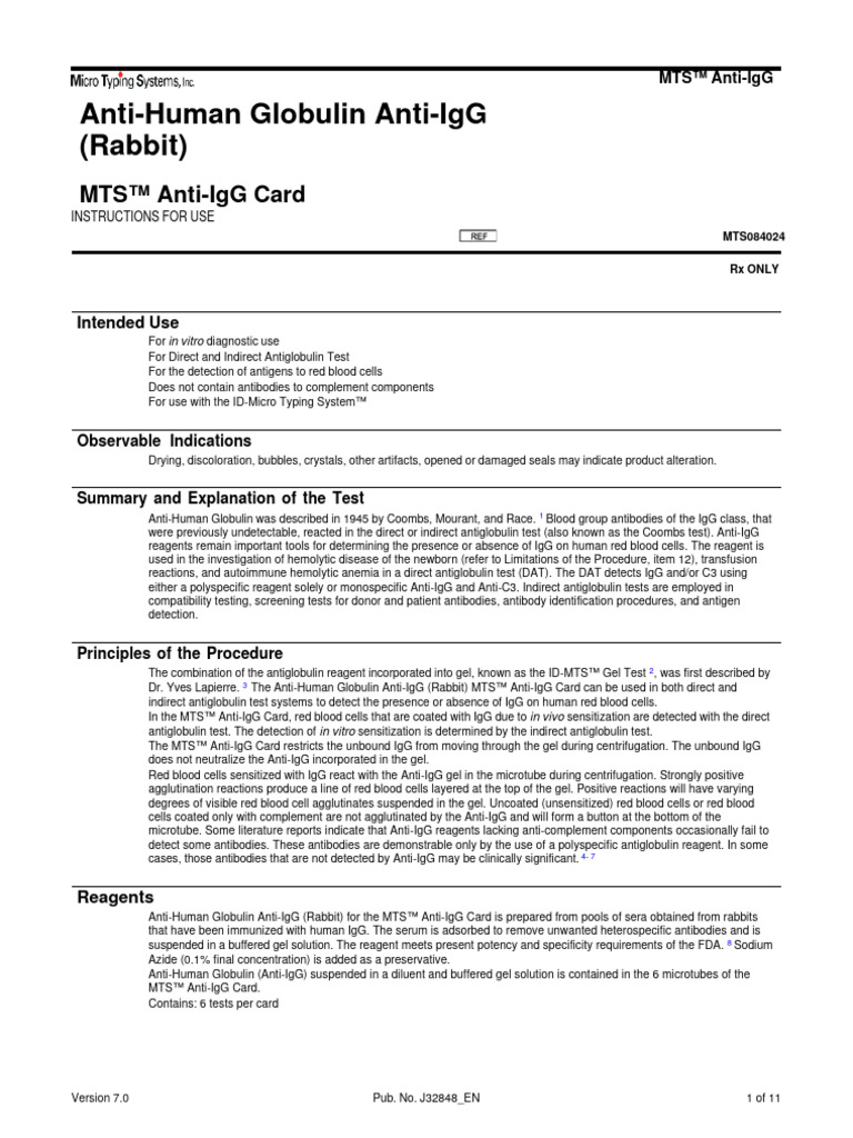 MTS Anti-IgG Card Instructions | PDF | Medical Specialties | Vertebrates