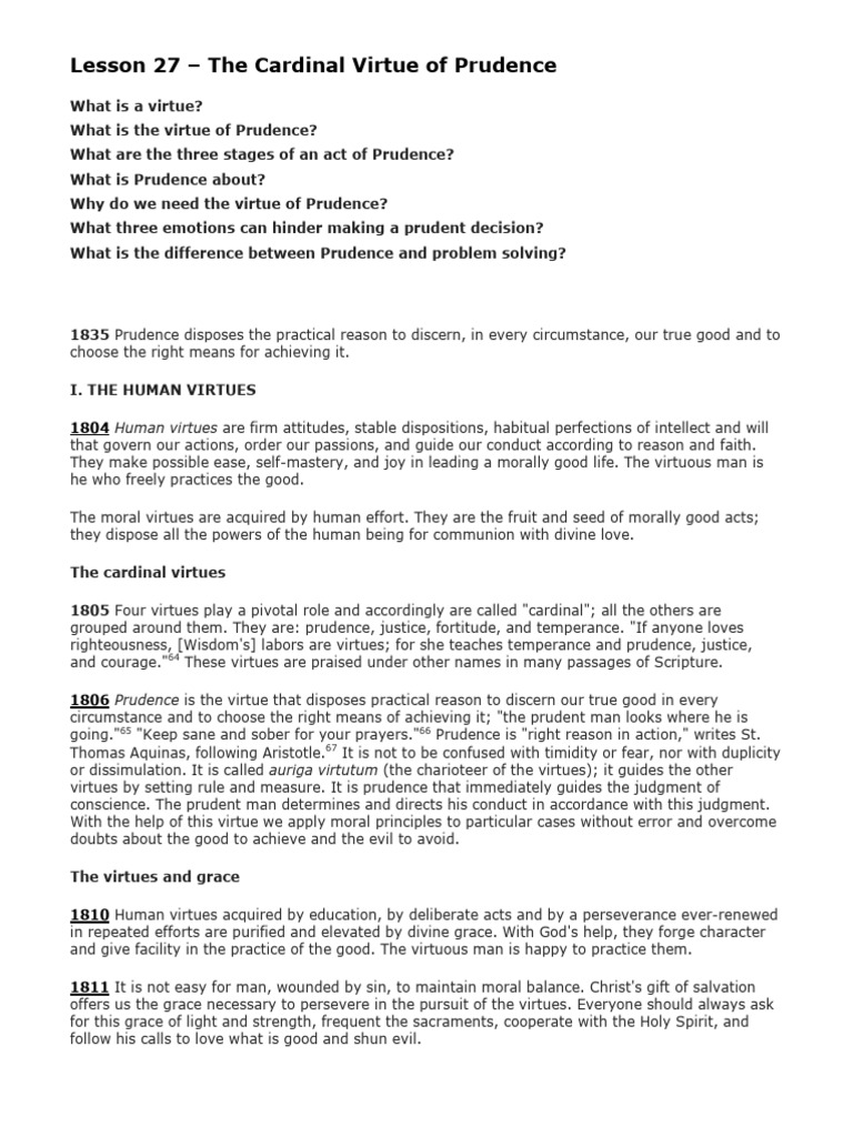 Lesson27ATheCardinalVirtueof Prudence | PDF | Prudence | Virtue