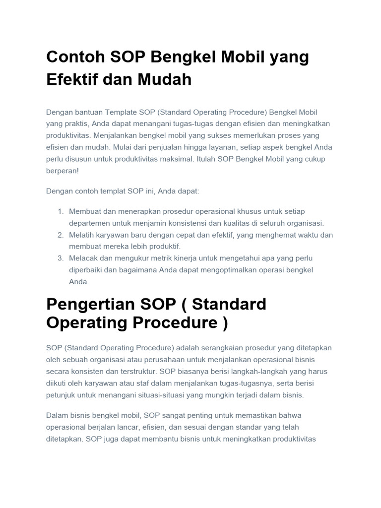 Contoh SOP Bengkel Mobil Yang Efektif Dan Mudah | PDF | Bisnis