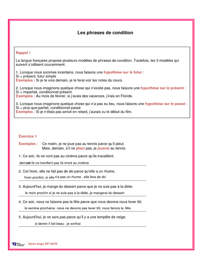 Exercices sur les phrases conditionnelles | PDF