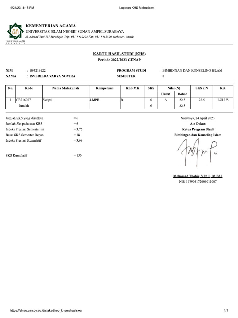 KHS Nilai Skripsi Isverilda Vadya Novira | PDF
