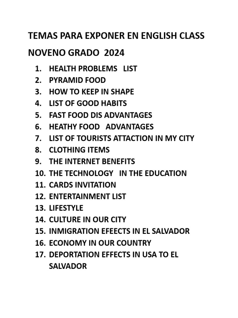 Temas A Exponer en Ingles 2024 Noveno Grado | PDF