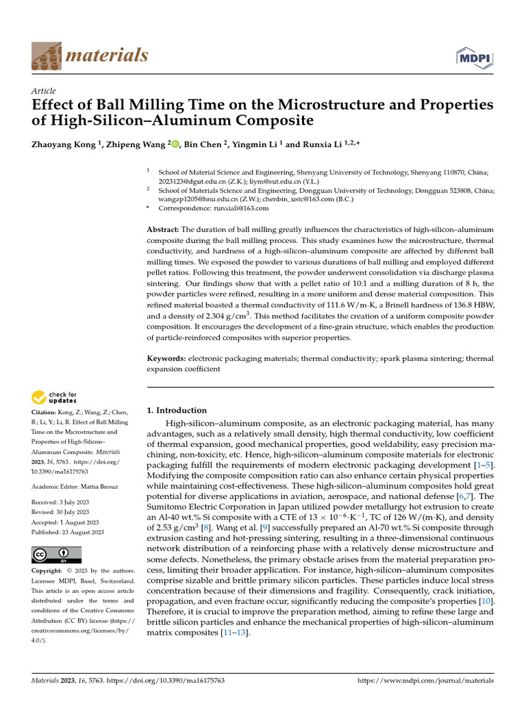 Effect of Ball Milling Time On The Microstructure and Properties of High-Silicon-Aluminum ...