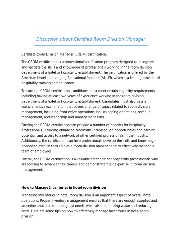 Certified Room Division Manager Lesson To Learn | PDF | Leadership ...
