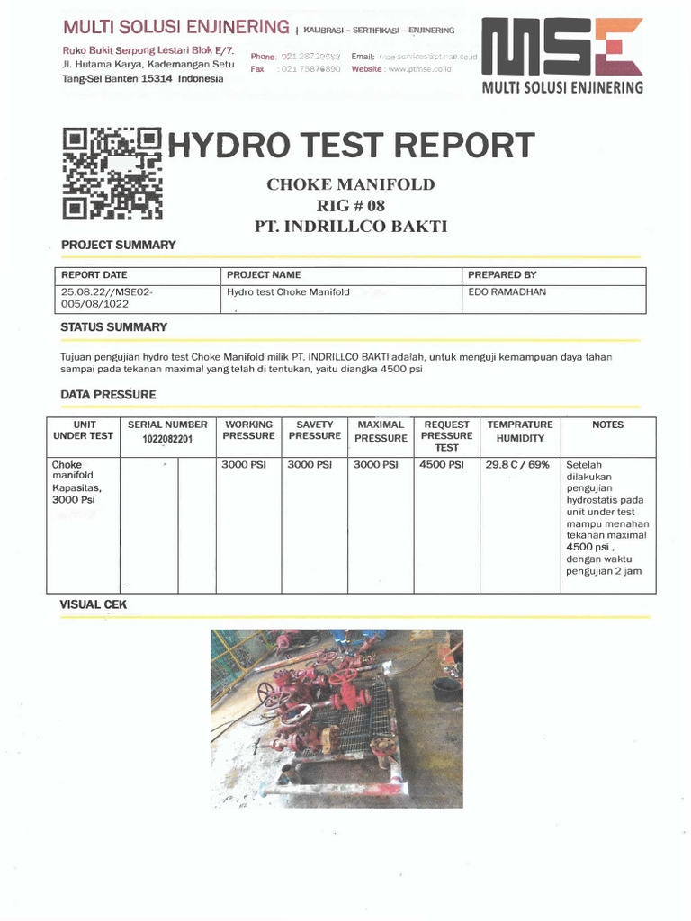 Report Hydrotest Choke Manifold Rig 08 - 0001 | PDF