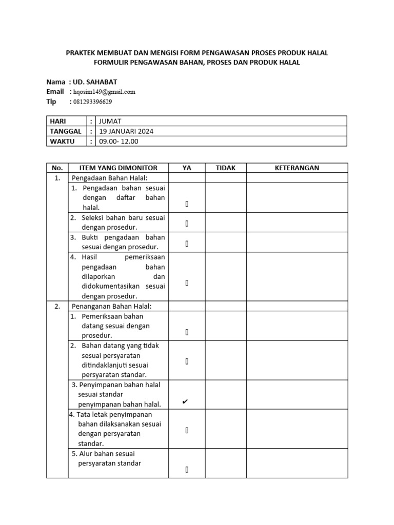Praktek Membuat Dan Mengisi Form Pengawasan Proses Produk Halal | PDF ...