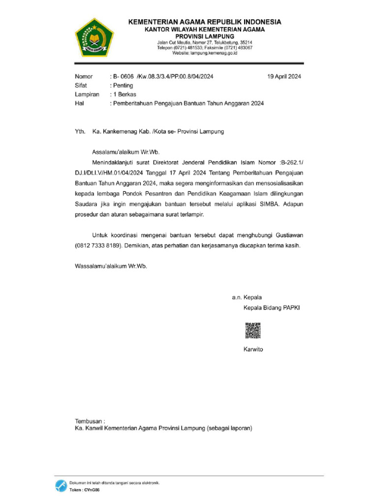 Surat Pemberitahuan Pengajuan Bantuan Tahun Anggaran 2024 TTE | PDF