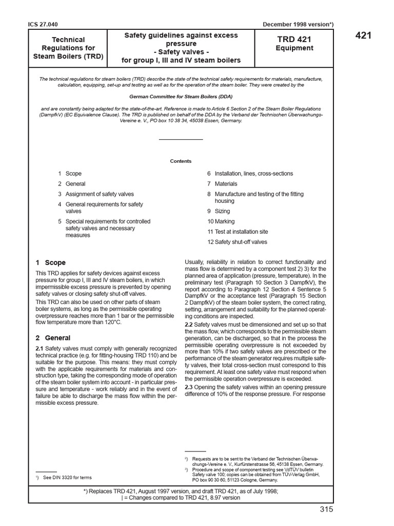 TRD 421: Safety Valves for Steam Boilers | PDF | Valve | Boiler