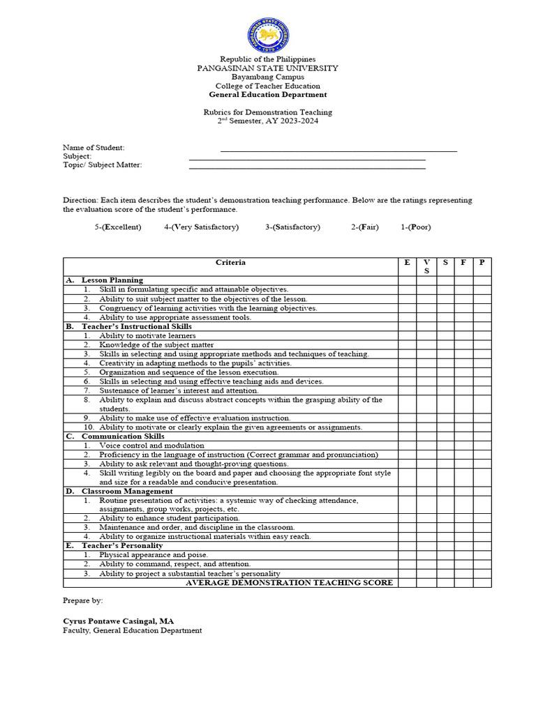 Rubrics For Demonstration Teaching Pdf Teachers Learning