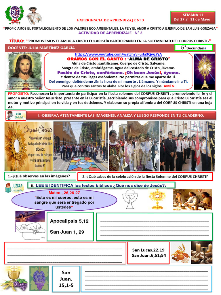 Ficha 11 Quinto Año SLG 2024 Eda 3 Act 2 | PDF | eucaristía | Cristo (título)
