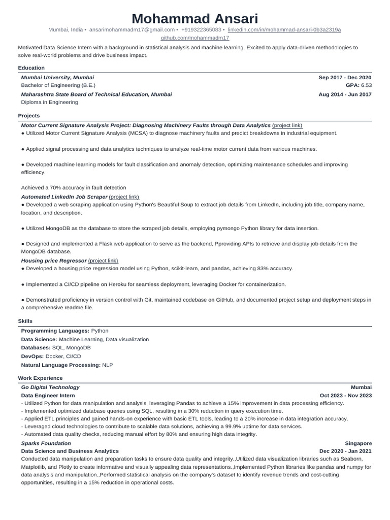 Mohammad Ansari Resume | PDF | Data Science | Data
