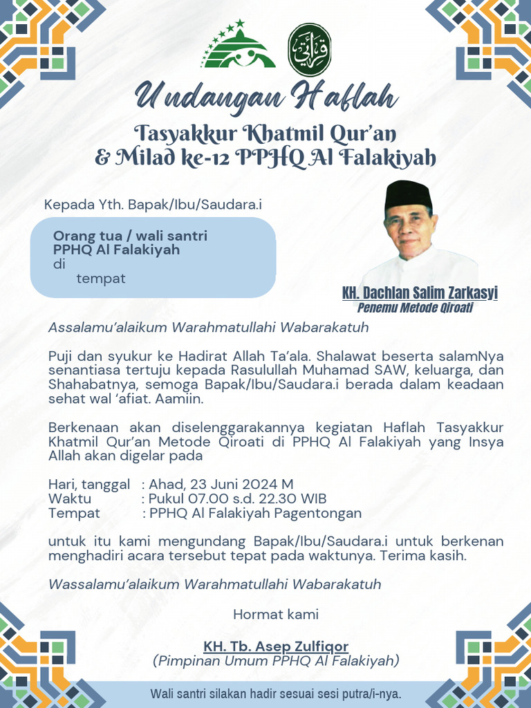Undangan Haflah Khatmil Qur'an PPHQ | PDF | Agama & Spiritualitas