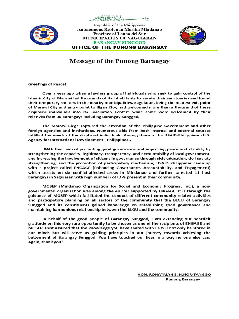 Message of the Punong Barangay | PDF | Governance | Mindanao