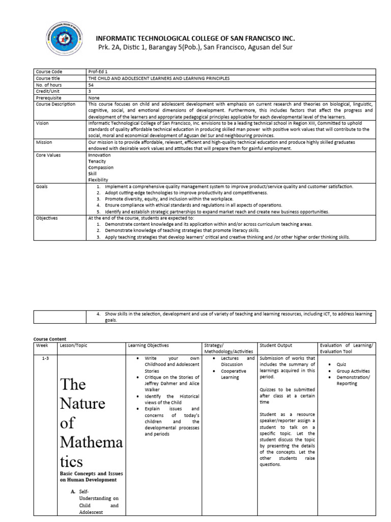 PROF. ED. 1 The Child and Adolescent Learners and Learning Principles ...