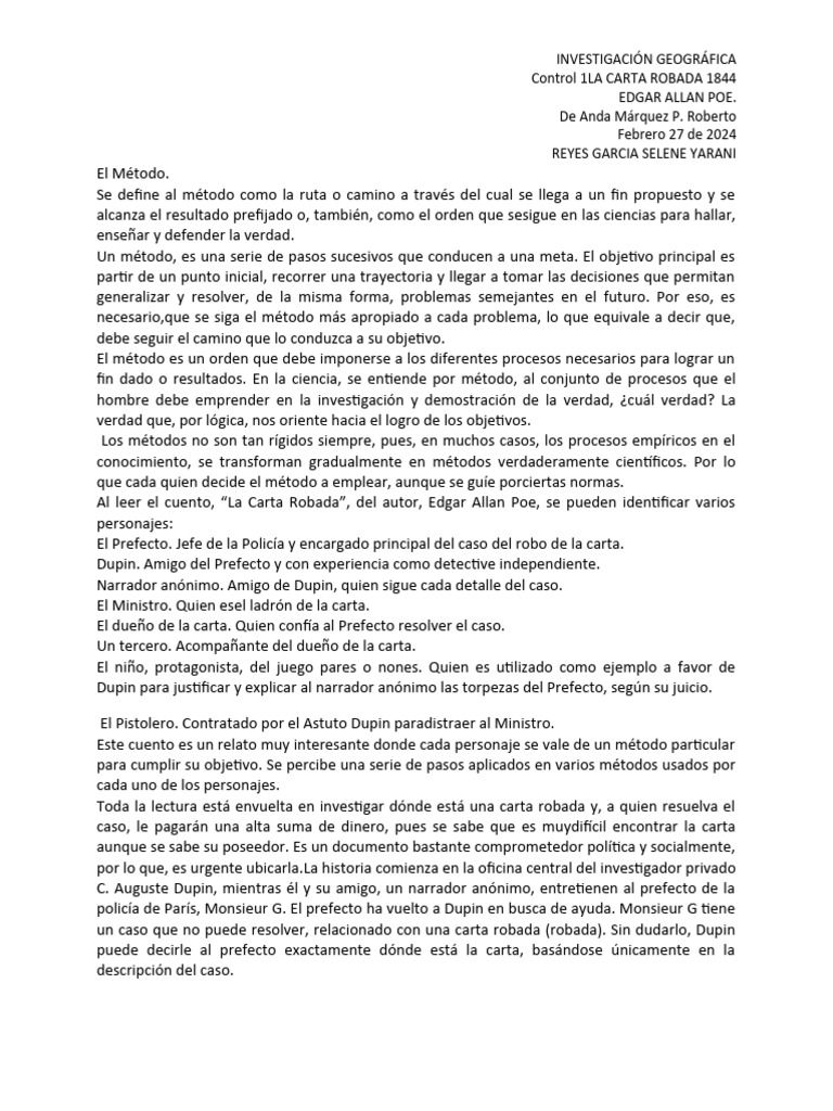 Ejemplo control de lectura | PDF | Verdad | Edgar Allan Poe