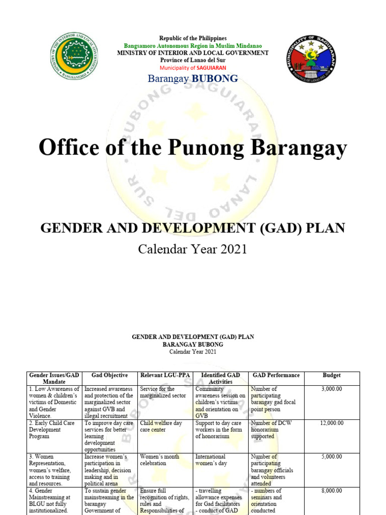 1 Gad Plan Brgy. Bubong 2019-2021 | PDF | Child Care | Gender And ...
