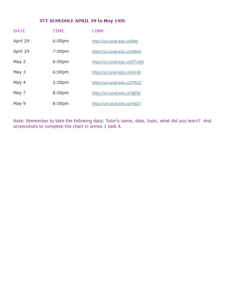 STT Session Schedule & Tasks | PDF | Career & Growth | Travel