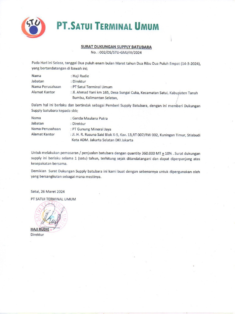 Surat Dukungan Supply BatuBara STU - GMJ | PDF