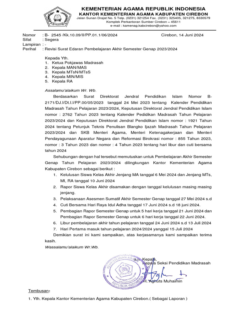 Revisi Surat Edaran Pembelajaran Semester Genap 2023 - 2024 | PDF