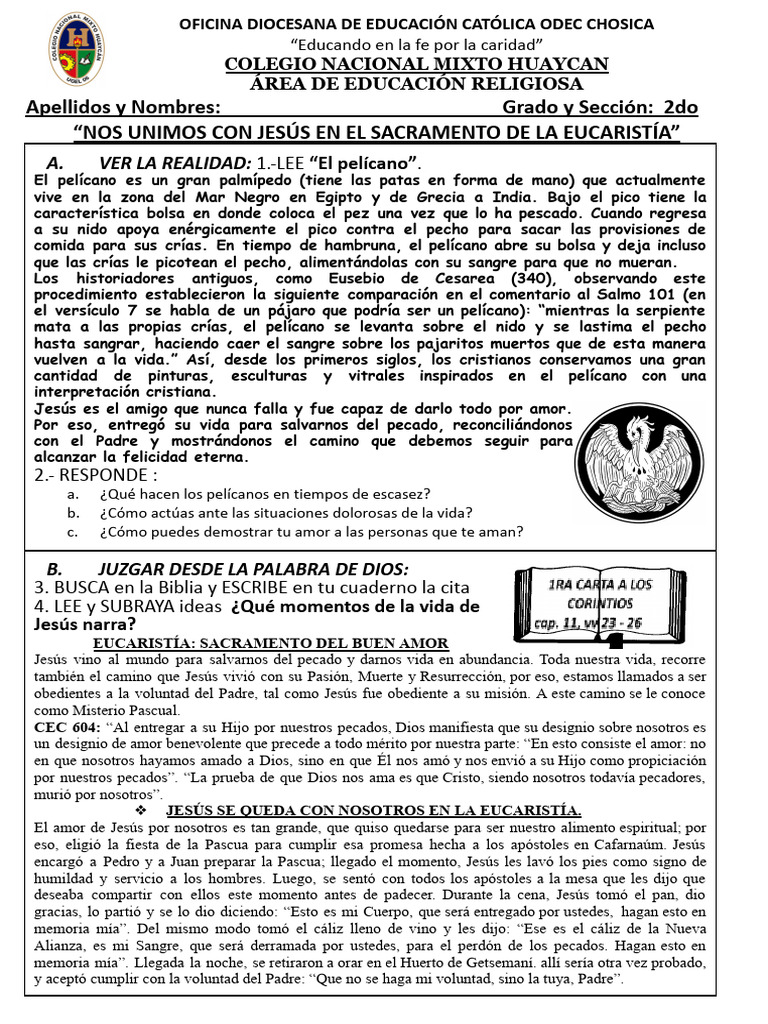 FICHA 9 UNIDAD 3 2do Sec | PDF | eucaristía | Cristo (título)