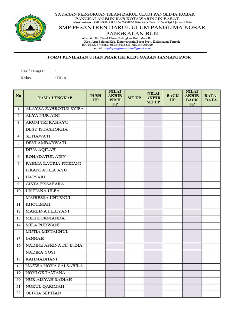Lembar NILAI Ujian Praktik PJOK SMP Du | PDF