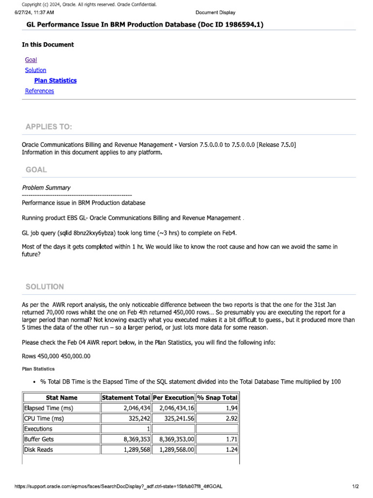 GL Performance Issue in BRM Production Database | PDF