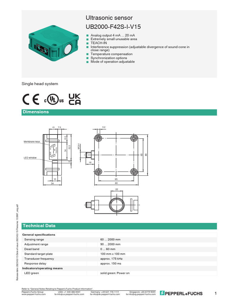 Ultrasonic Sensor UB2000-F42S-I-V15: Dimensions | PDF | Sensor | Flashlight