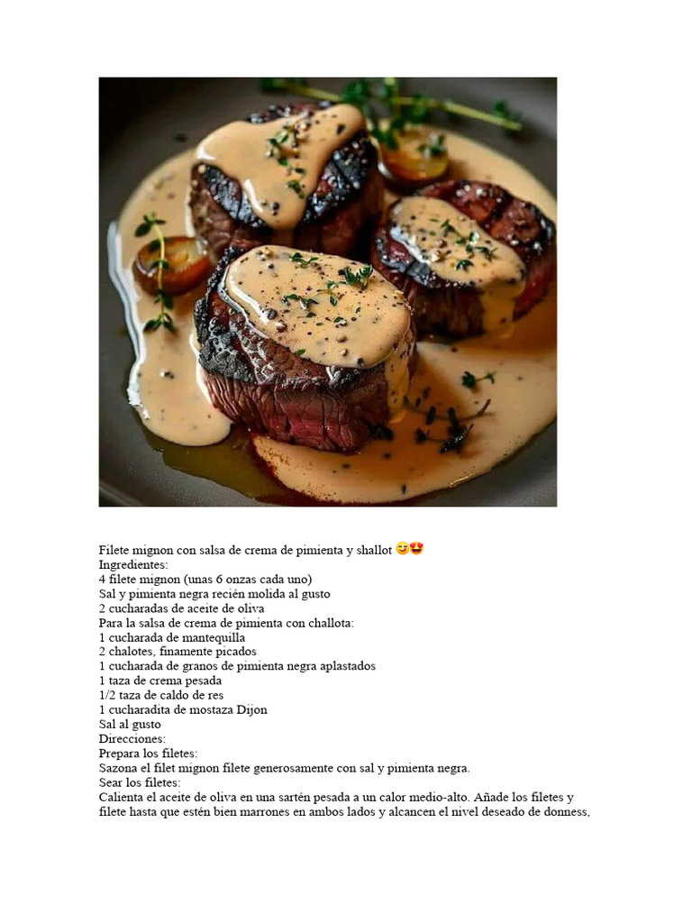 Filete Mignon Con Salsa de Crema de Pimienta y Shallot | PDF