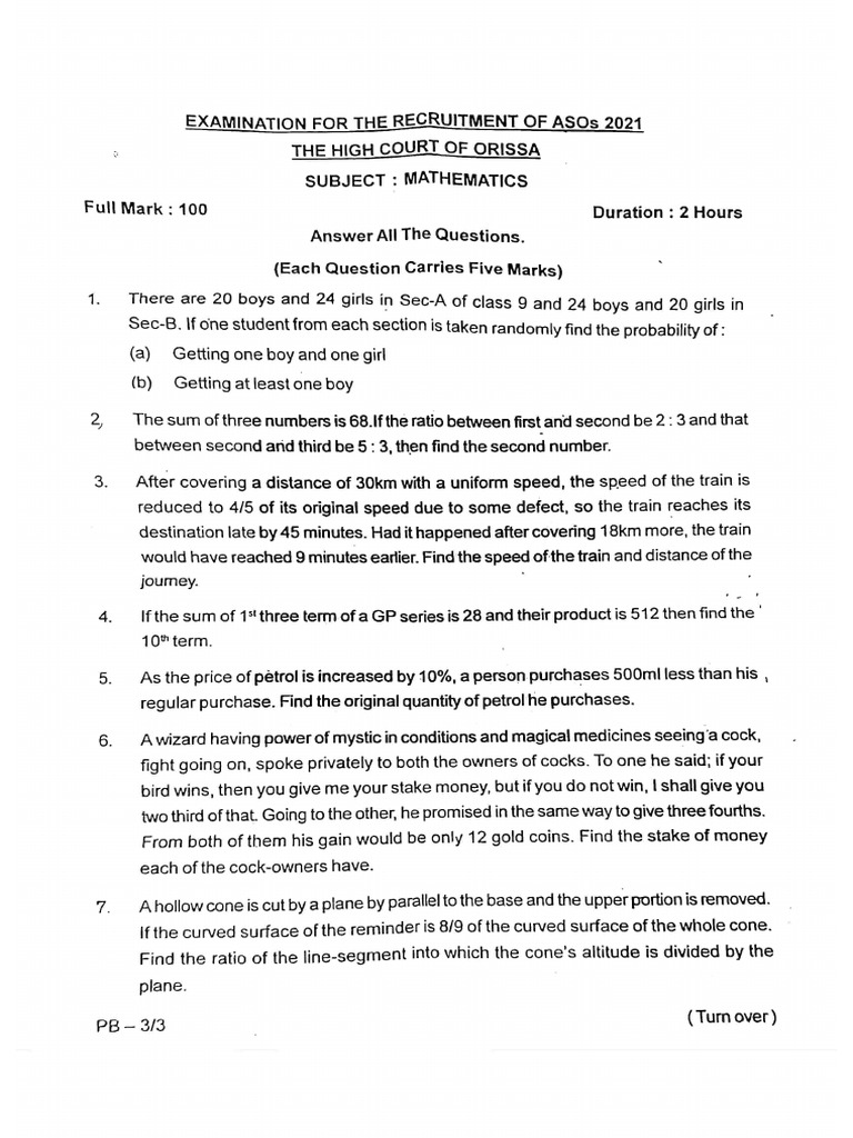 Odisha High Court ASO 2021 Mains Maths Paper | PDF