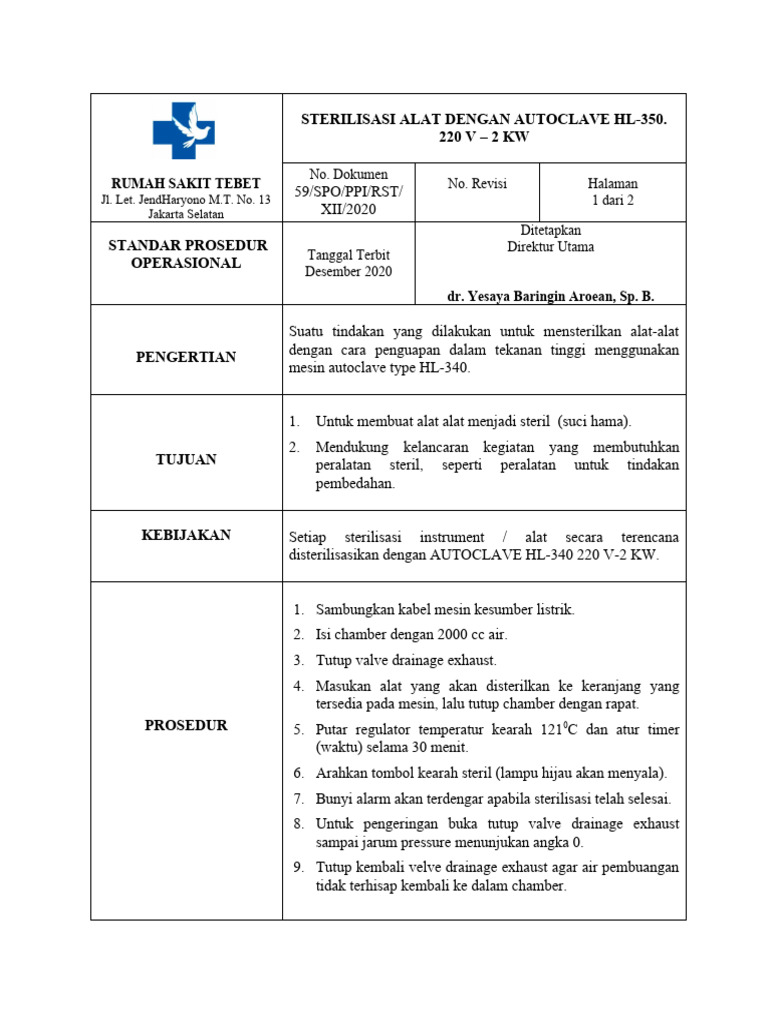Spo Sterilisasi Alat Dengan Autoclave | PDF