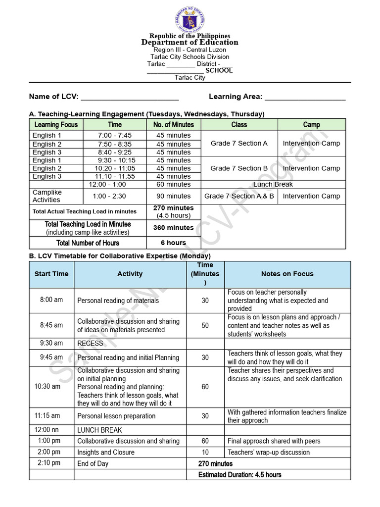 LCV Program | PDF | Teachers | Lesson Plan