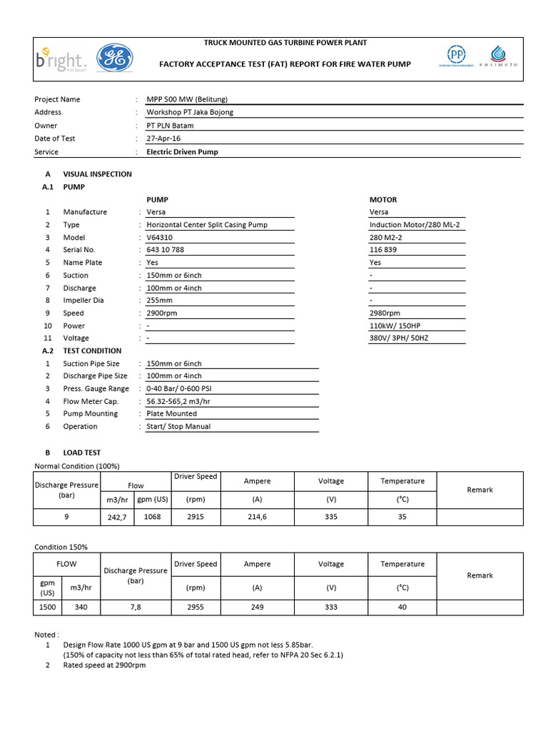 FAT Report Form (Belitung) | PDF | Pump | Power Station