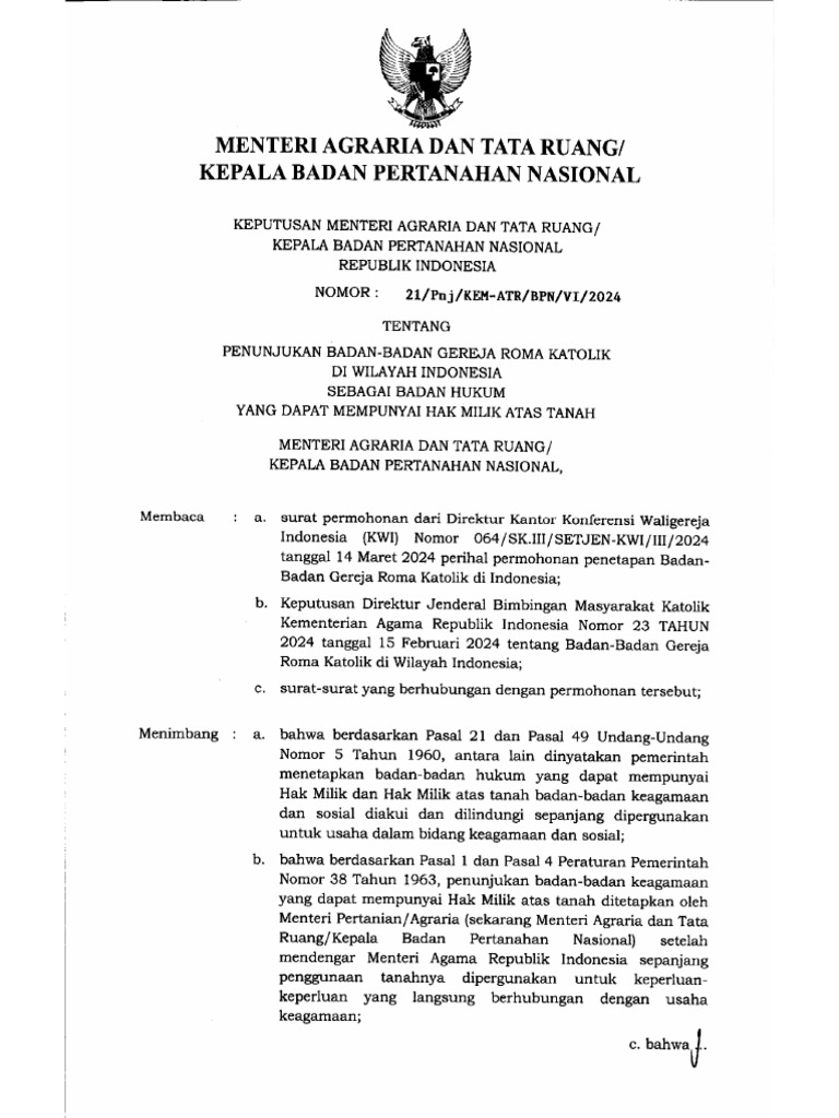 SK Menteri ATR BPN Tentang Gereja Katolik Dapat Me - 240613 - 215414 | PDF