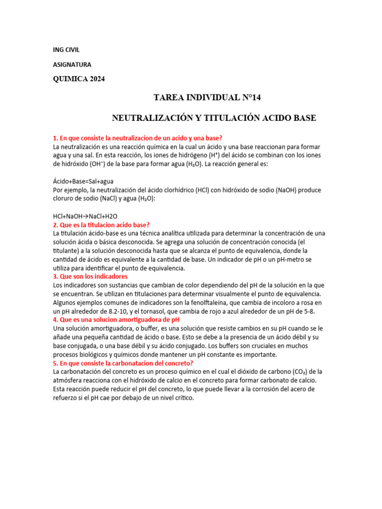 Tarea Individual 14. Neutralizacion y Titulacion Acido Base Flores Ramos Jho Andre | PDF ...