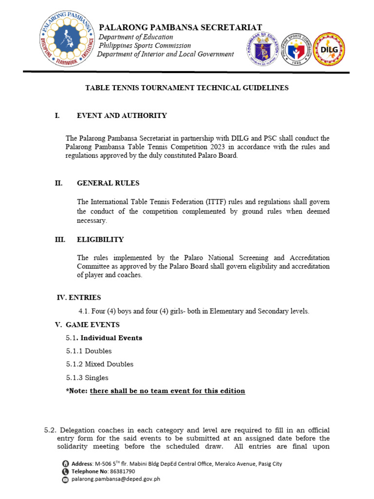 Table Tennis Guidelines for Palarong Pambansa | PDF | Sports