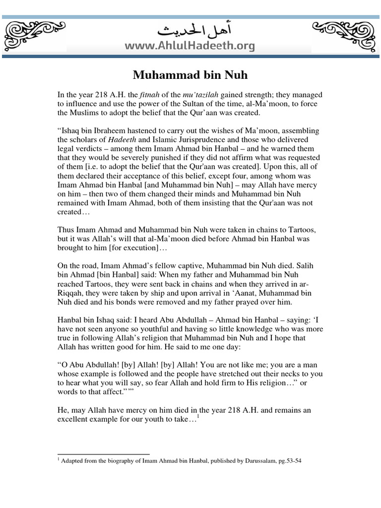 Muhammad Bin Nuh: Adapted From The Biography of Imam Ahmad Bin Hanbal ...