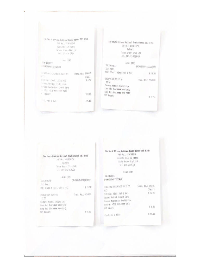 Toll Gate Receipts 22 Jan 24 To 26 Jan 24 | PDF