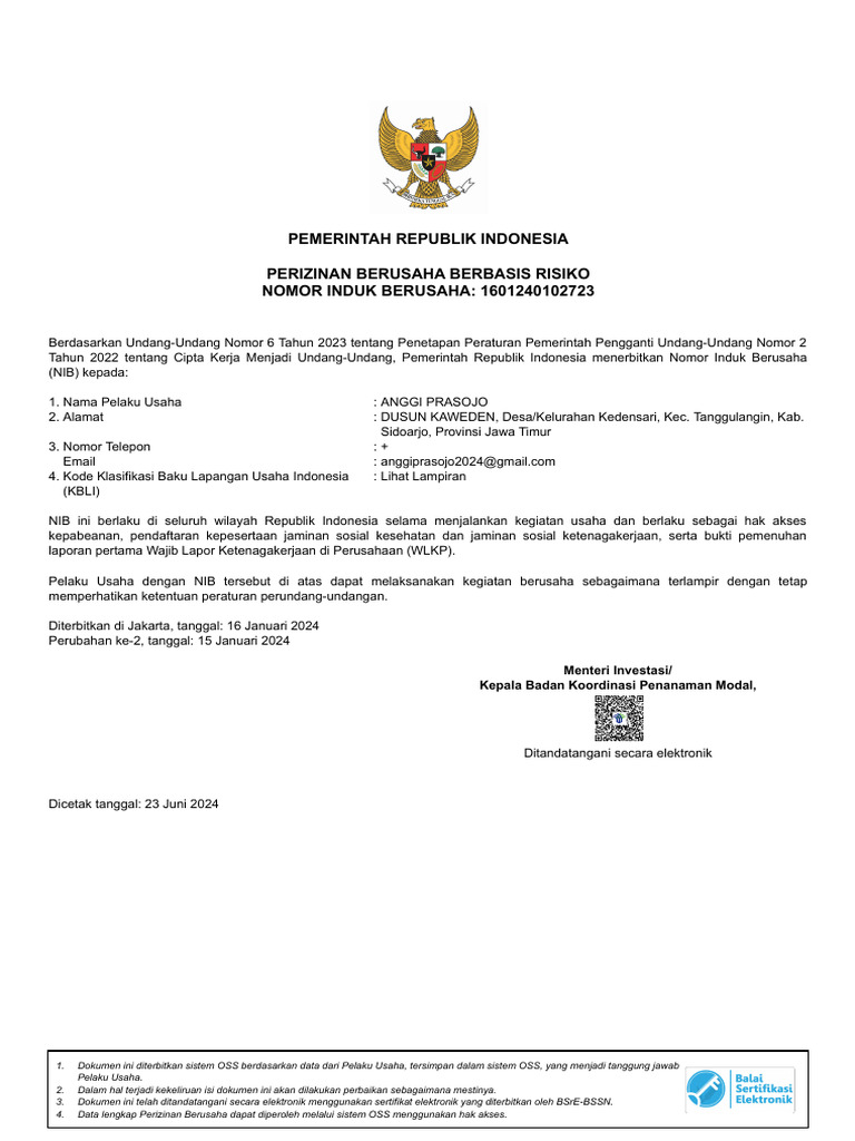 NIB Perizinan Berusaha OSS Sidoarjo | PDF