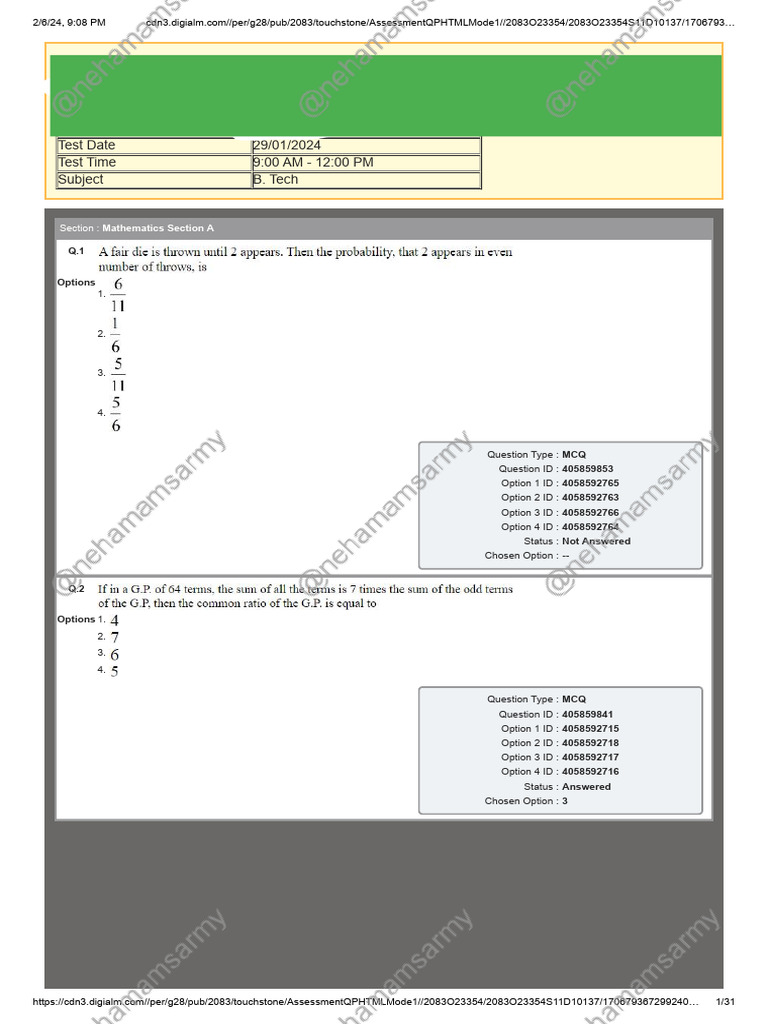 29 Jan Shift 1 Final | PDF | Multiple Choice | Data Collection