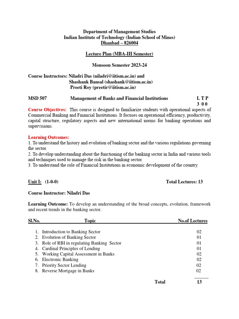 Lecture Plan | PDF | Banks | Risk