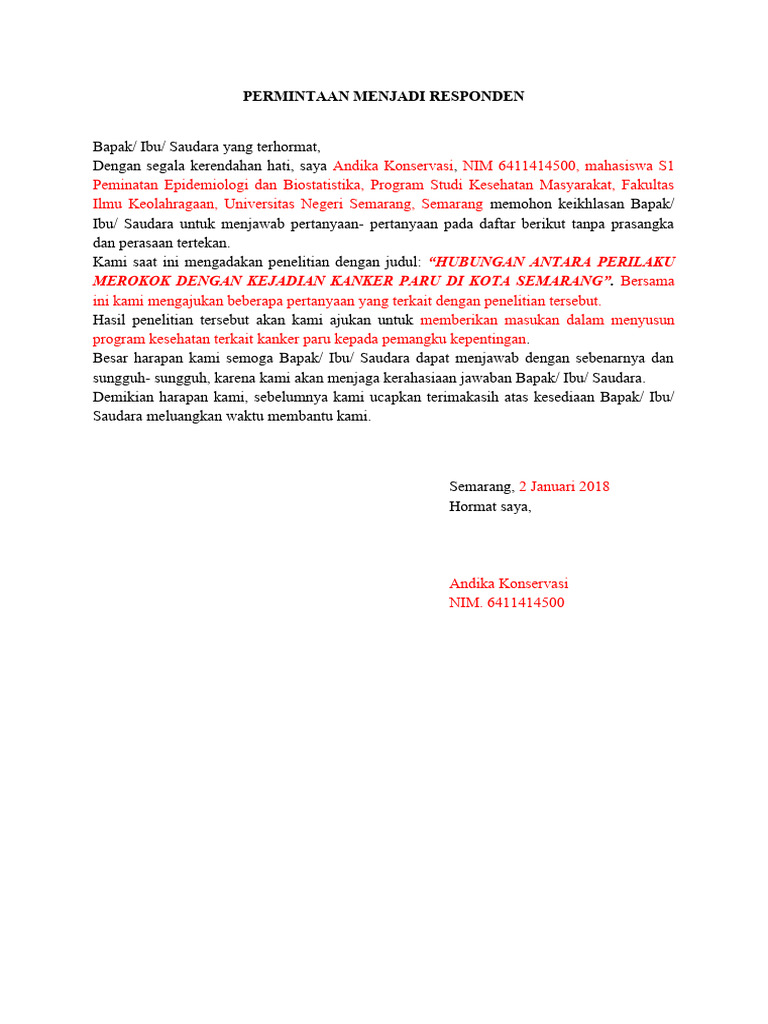 Lampiran 1 Dan 2. Permintaan, Penjelasaan, Dan Persetujuan Menjadi Responden | PDF