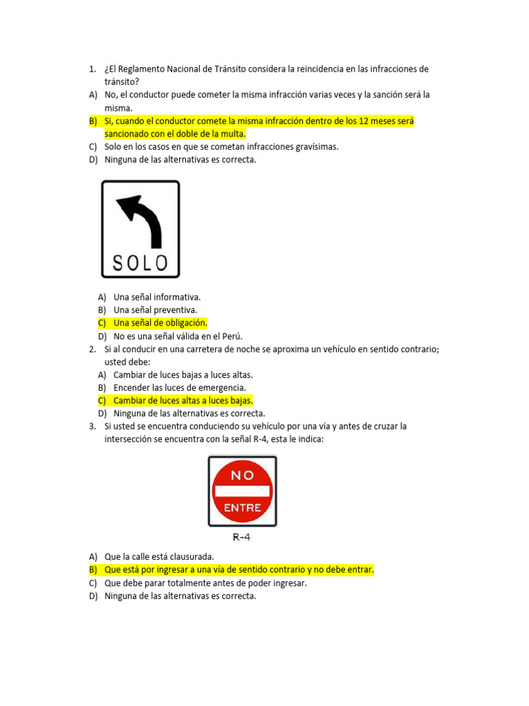 Preguntas y respuestas del examen de transito | Descargar gratis PDF | Tráfico | Transporte